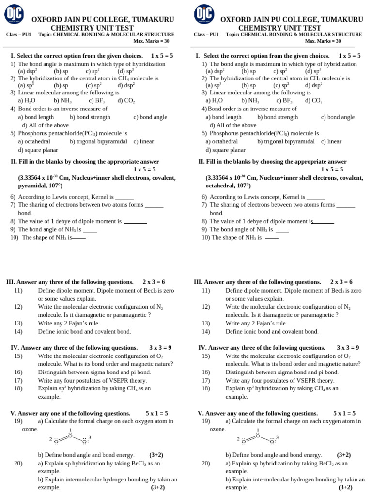 Chemical Bonding Unit Test | PDF | Chemical Bond | Chemical Polarity