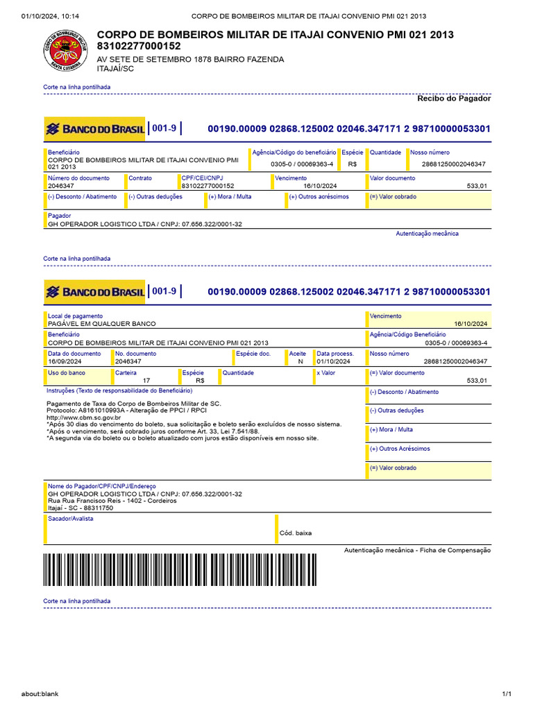 Boleto bombeiro | PDF
