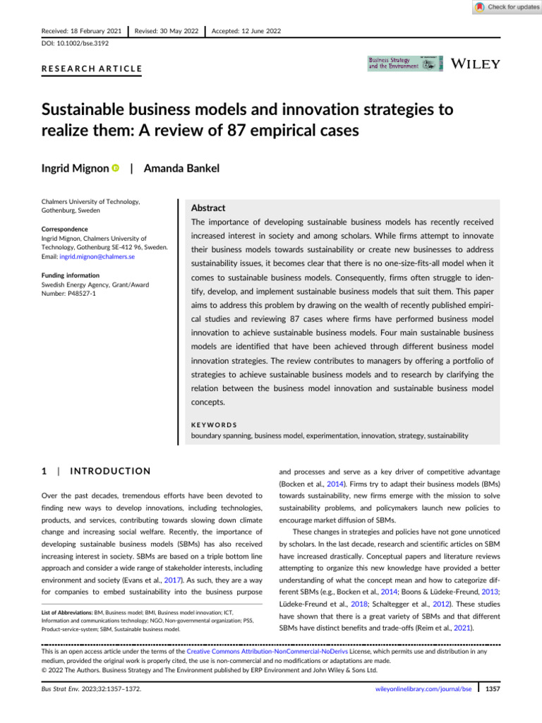 Bus Strat Env - 2022 - Mignon - Sustainable business models and innovation strategies to realize ...