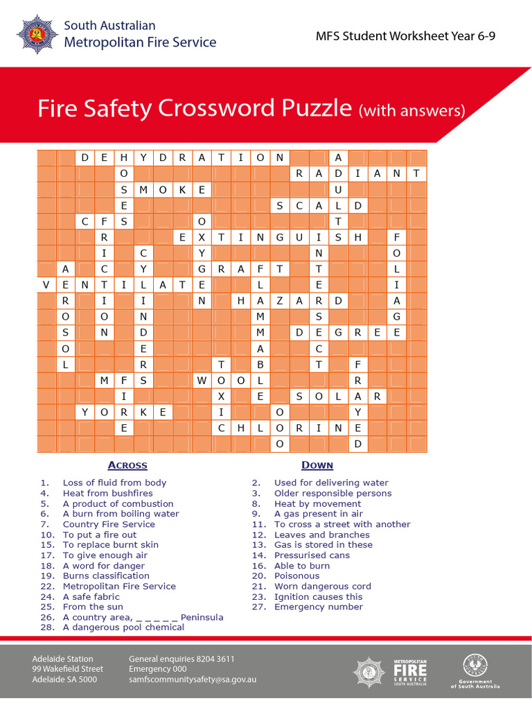 MFS Student Worksheet Year 6 9 Fire Safety Crossword Puzzle With ...