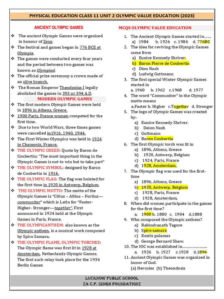 Xi P.ed. Unit 2 Revision Olympic Value Education | PDF