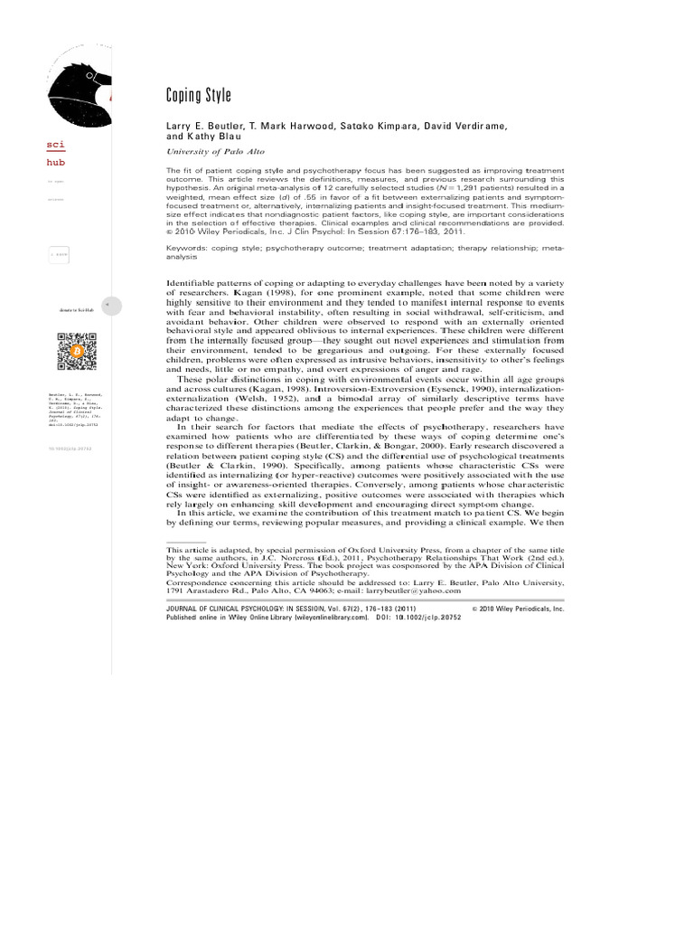 Sci-Hub - Coping Style. Journal of Clinical Psychology, 67 (2), 176-183 ...