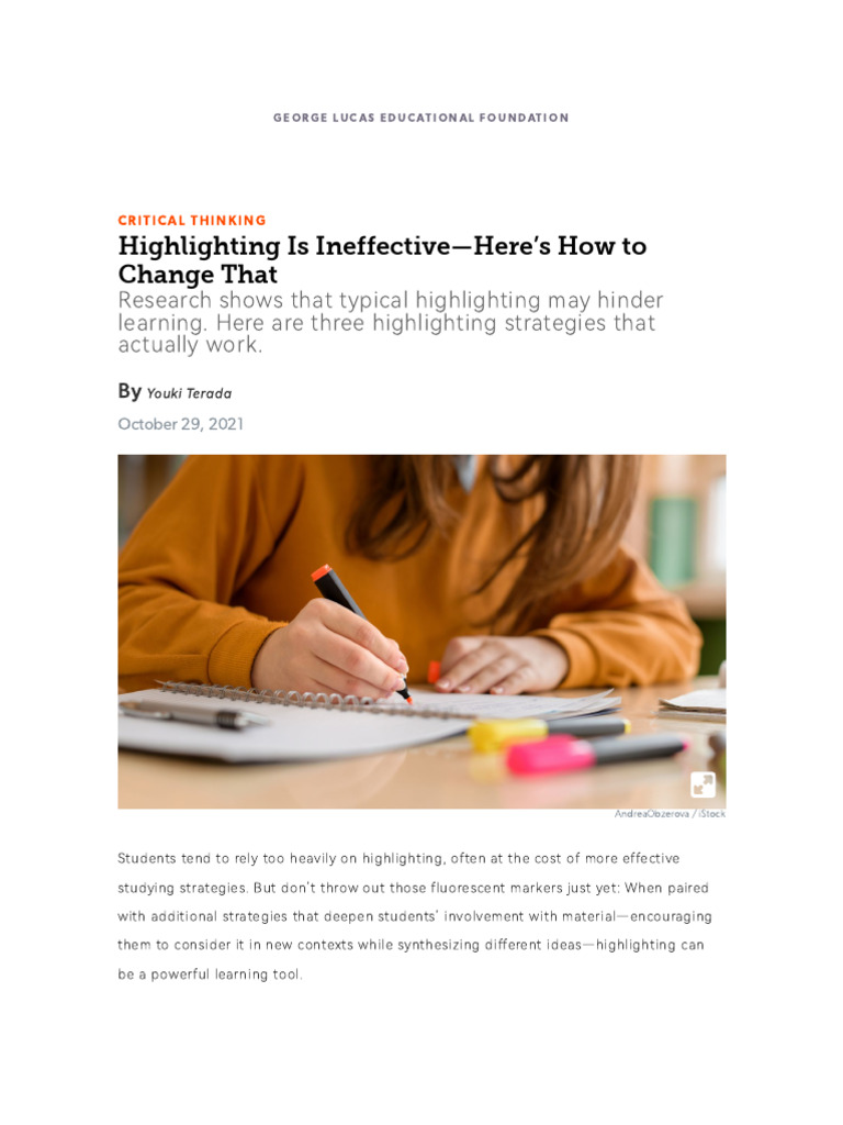 Highlighting Is Ineffective-Here's How To Change That - Edutopia | PDF