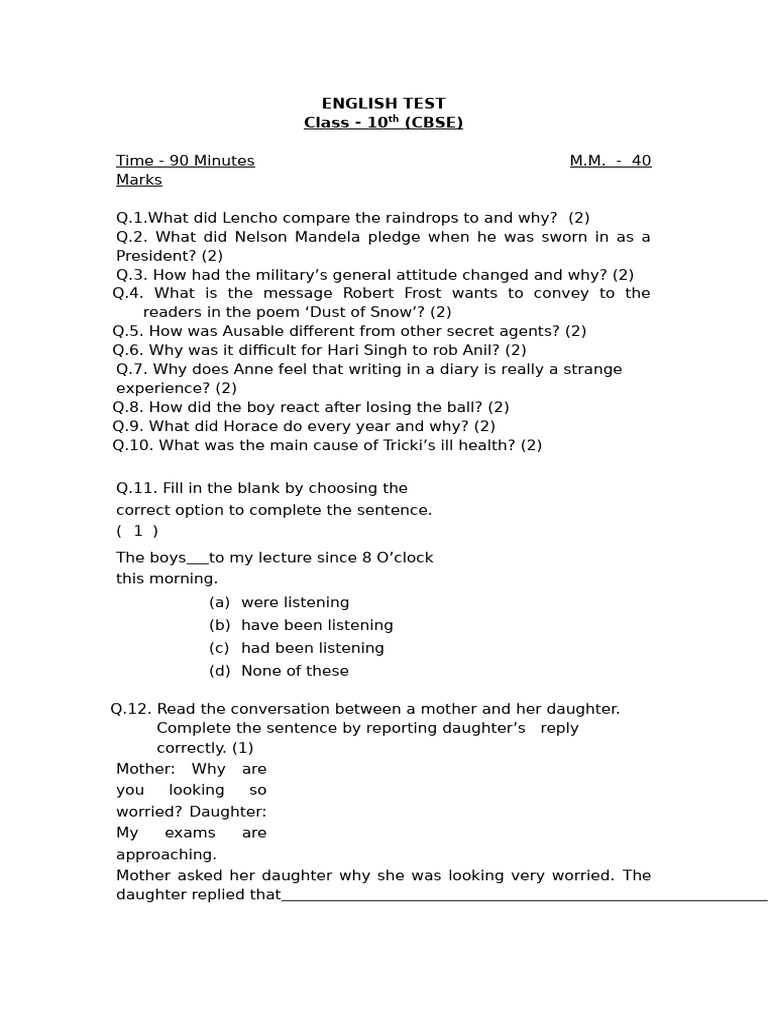 ENGLISH TEST class 10th (CBSE) 15 jan 2024 | PDF