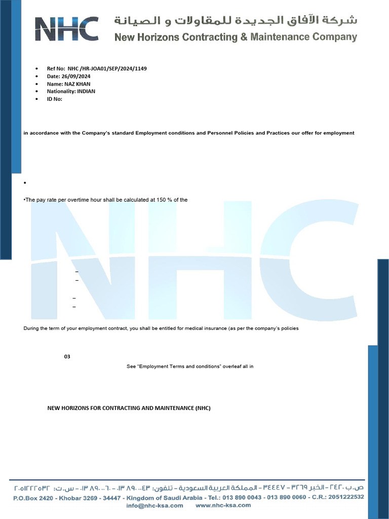 Job Offer Letter - Instrument Technician - Naz Khan | PDF