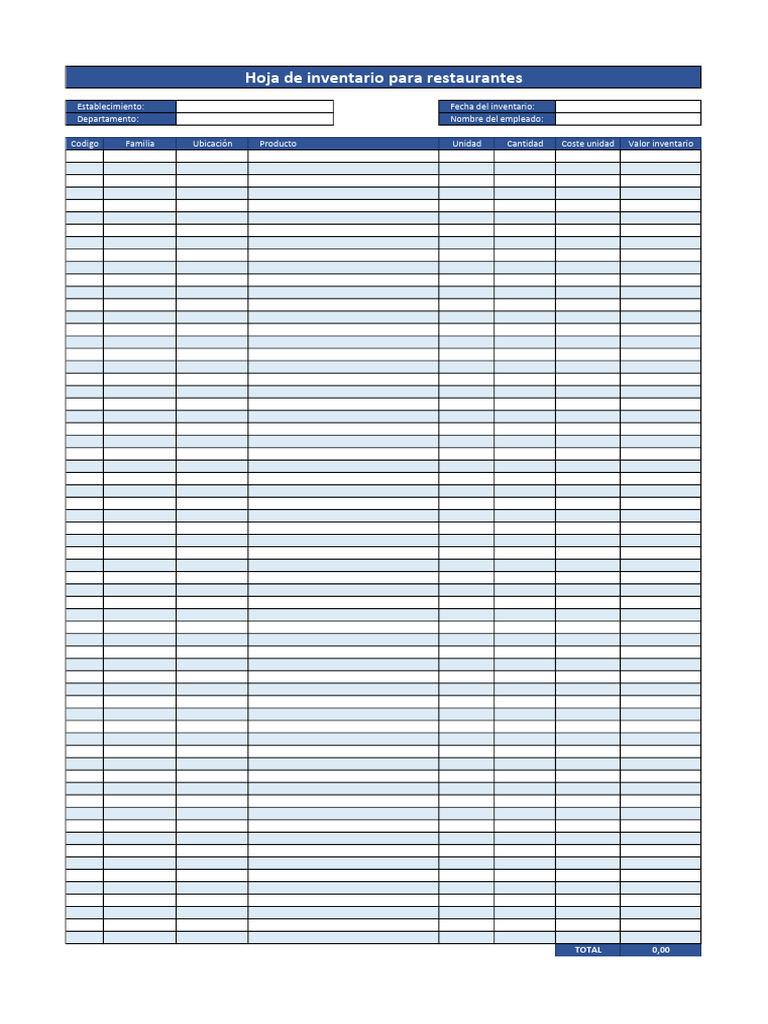 Hoja de Inventario para Restaurantes Version Imprimible para Rellenar 1 ...