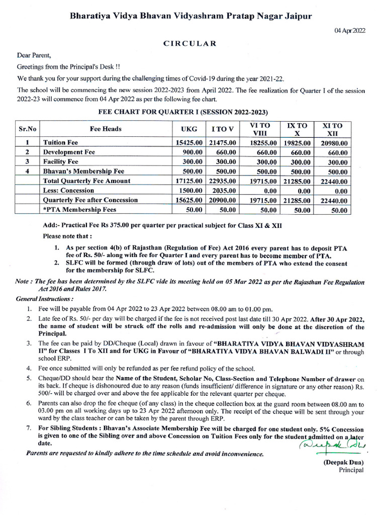 Fee Circular Quarter I Session 2022 23 | PDF