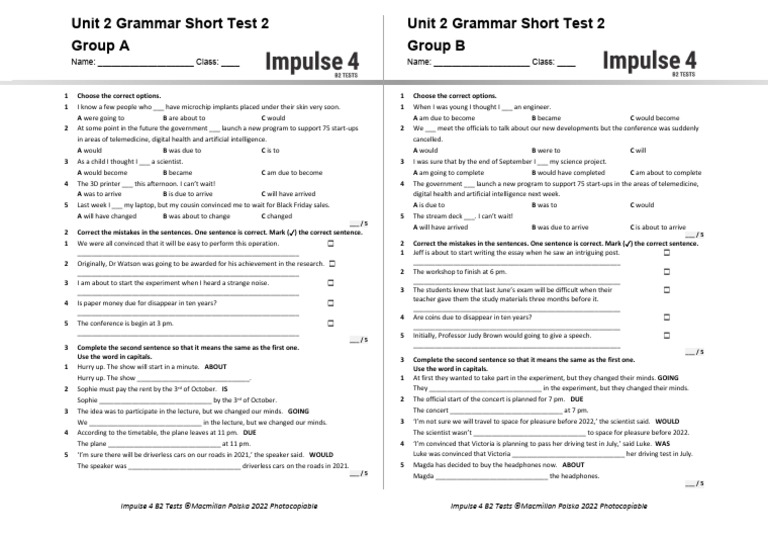 Unit 2 Grammar Short Test 2 A+b | PDF