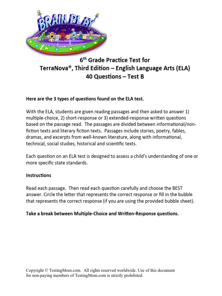 6 Grade Prac Ce Test For Terranova®, Third Edi On English Language Arts ...