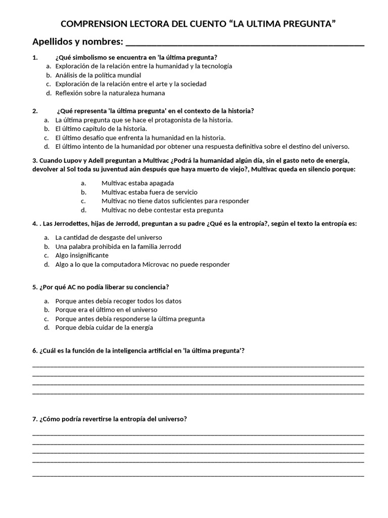 Comprension Lectora Del Cuento La Ultima Pregunta | PDF