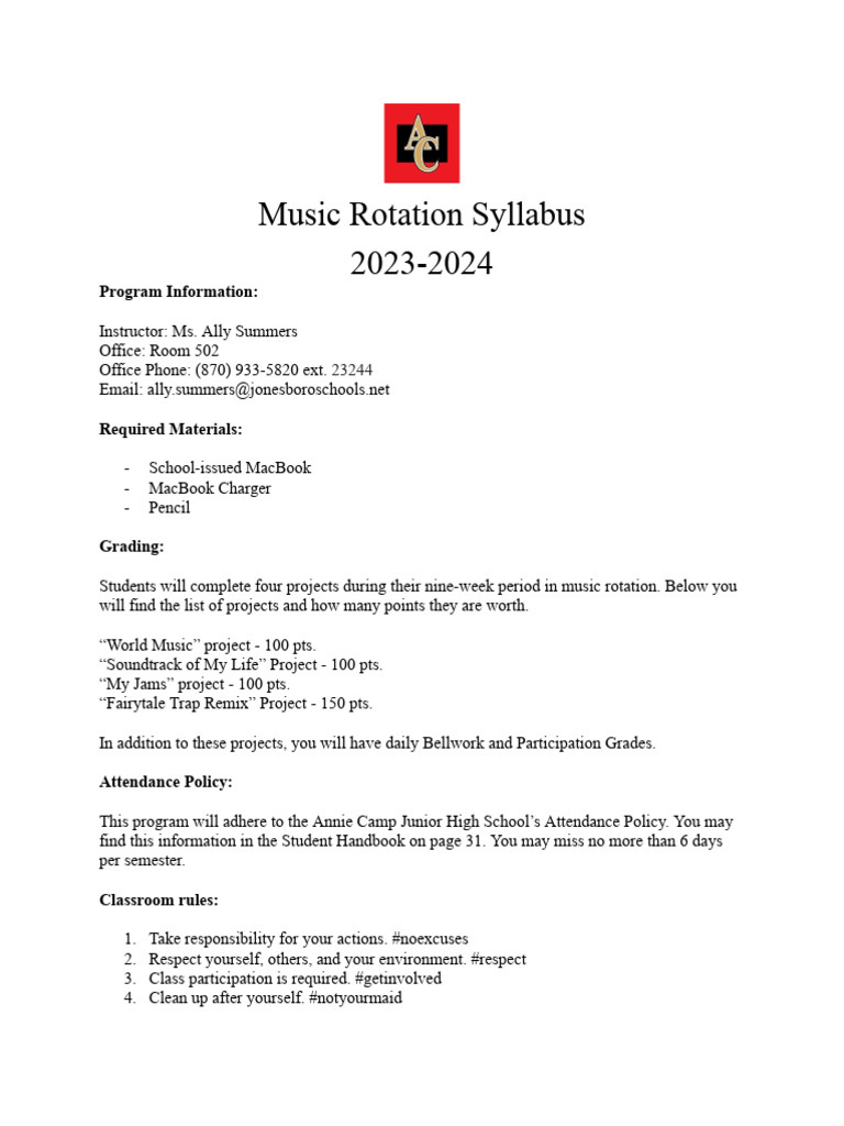 Music Rotation Syllabus 23-24 | PDF