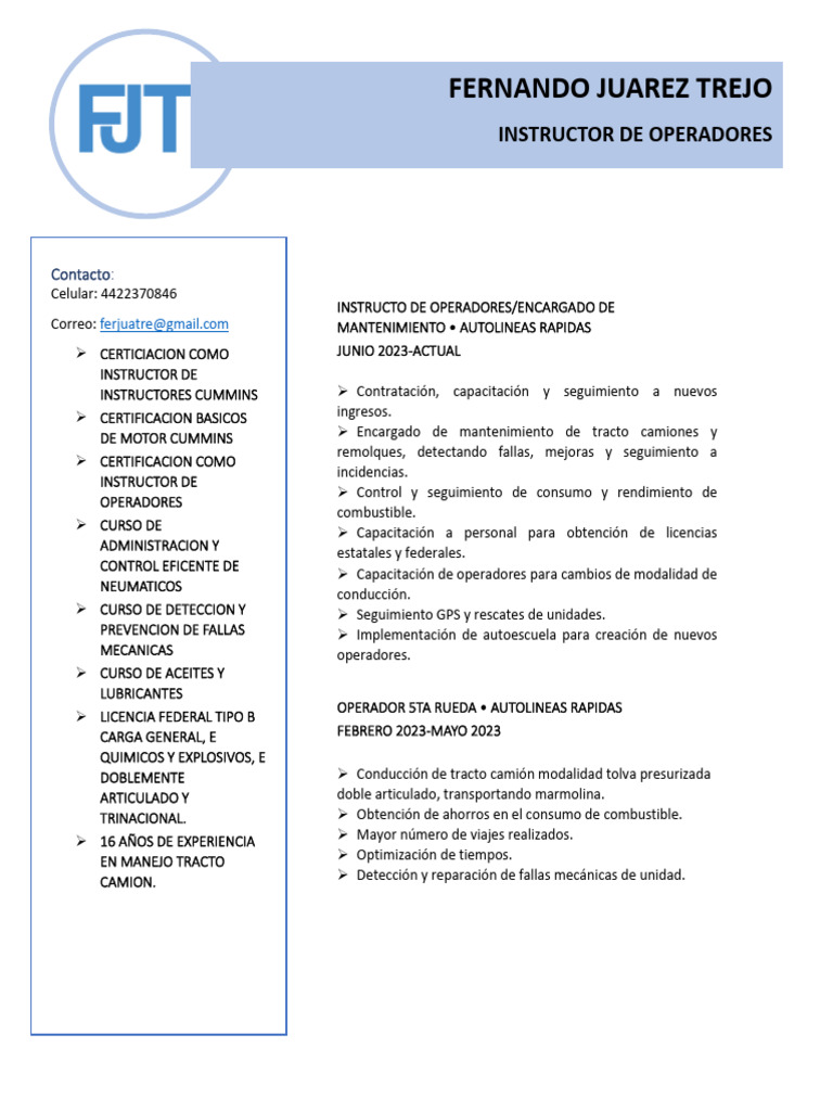 CV FJT 2024 | PDF | Camión | Transporte
