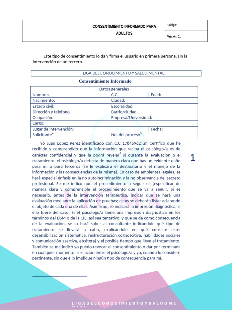 Formato Consentimiento Informado para Adultos | PDF