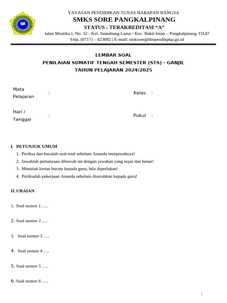 Template Soal STS Ganjil 2425 | PDF