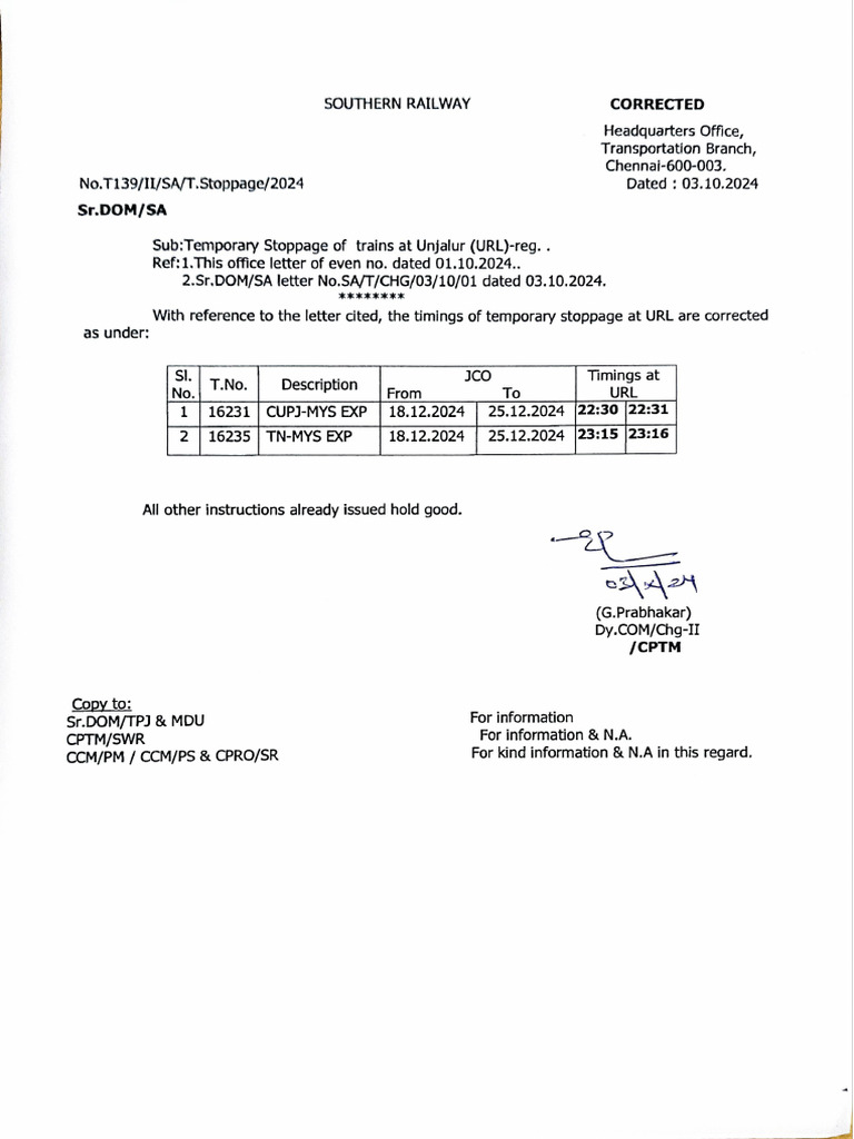 Temporary Stoppage of Trains at Unjalur (URL) - Reg | PDF