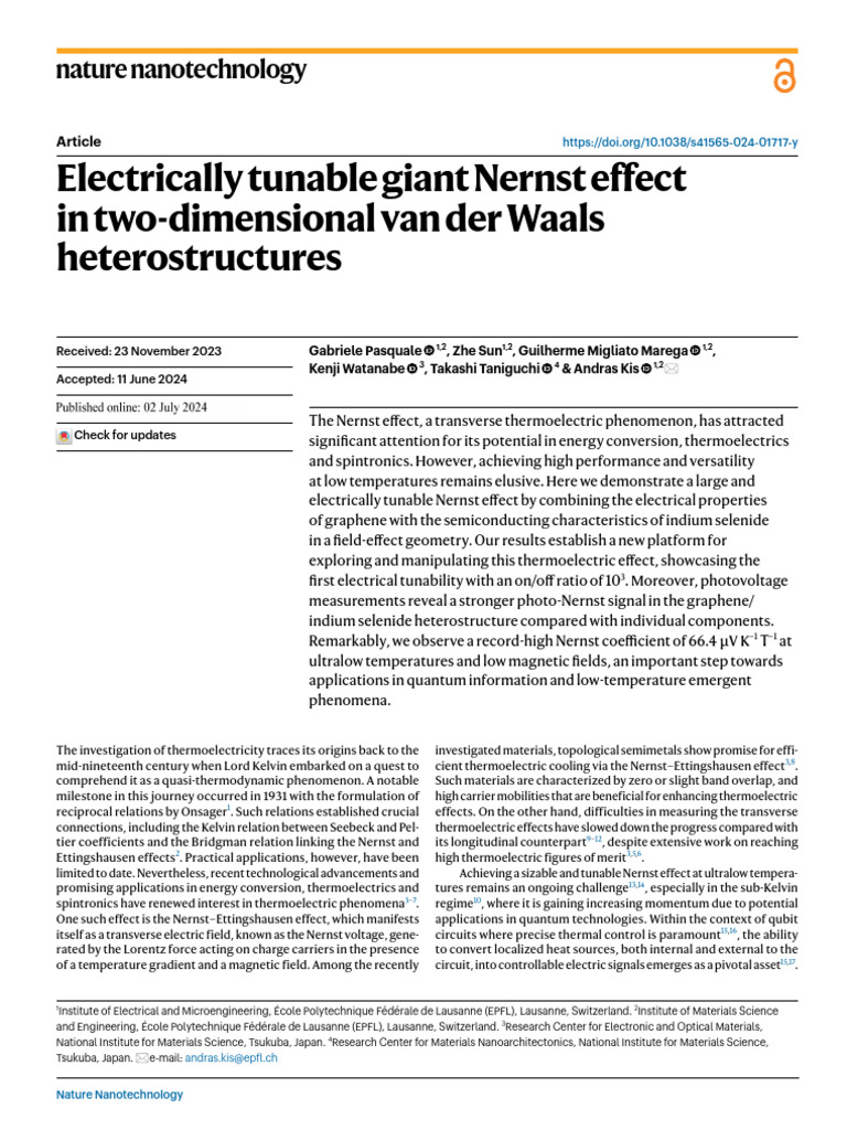 Electrically Tunable Giant Nernst Effect in Two-Dimensional Van Der Waals Heterostructures | PDF