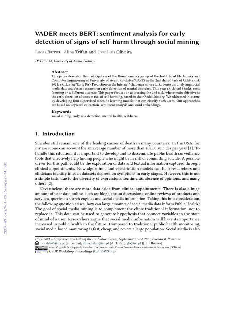 VADER Meets BERT Sentiment Analysis For Early Detection of Signs of ...