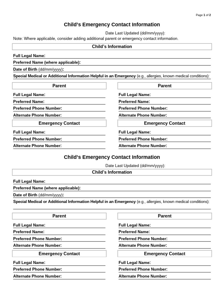 Emergency Contact Form Template for Kids | PDF | Child Care | Government