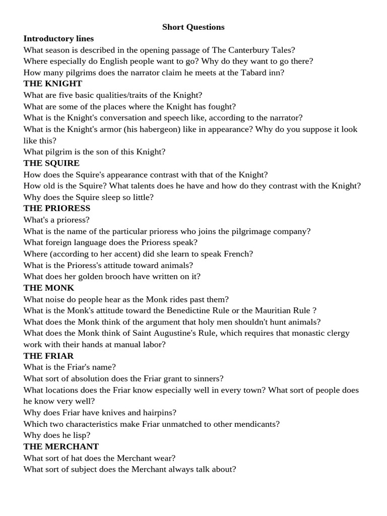 Short Questions From Prologue | PDF | The Canterbury Tales | Classics