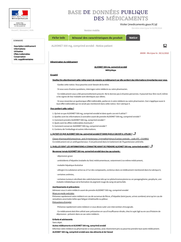 Notice Patient - ALDOMET 500 MG, Comprimé Enrobé - Base de Données ...