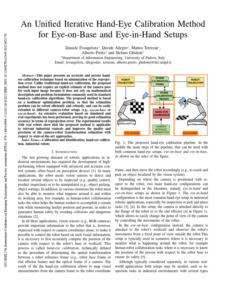 An Unified Iterative Hand-Eye Calibration Method For Eye-On-Base and Eye-In-Hand Setups | PDF