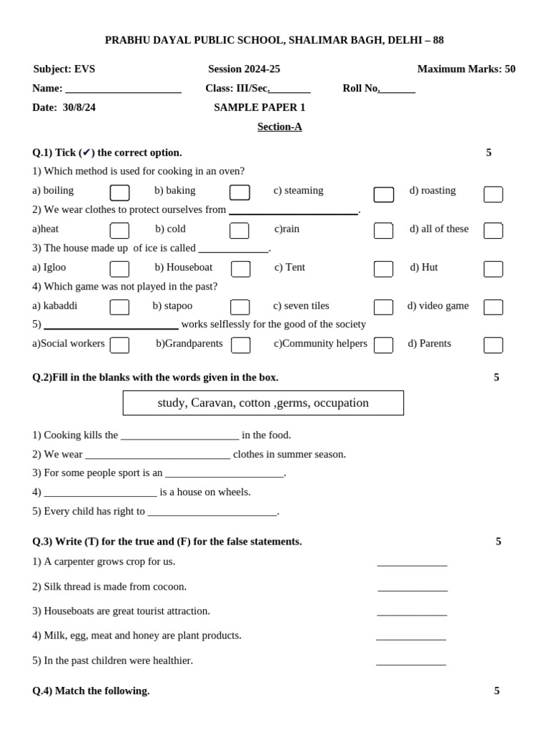 CLASS 3 Sample Paper 1 EVS (2024-25) | PDF
