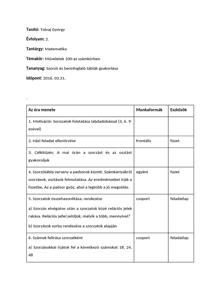 Szorzó És Bennfoglaló Táblák Gyakorlása | PDF