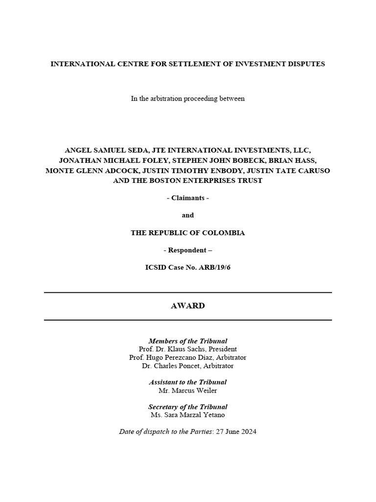 ICSID. Angel Samuel Seda vs. Colombia - Meritage Case - Award English | PDF