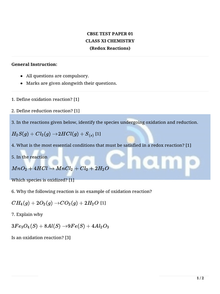 Cbse Test Paper 01 Class Xi Chemistry (Redox Reactions) | PDF