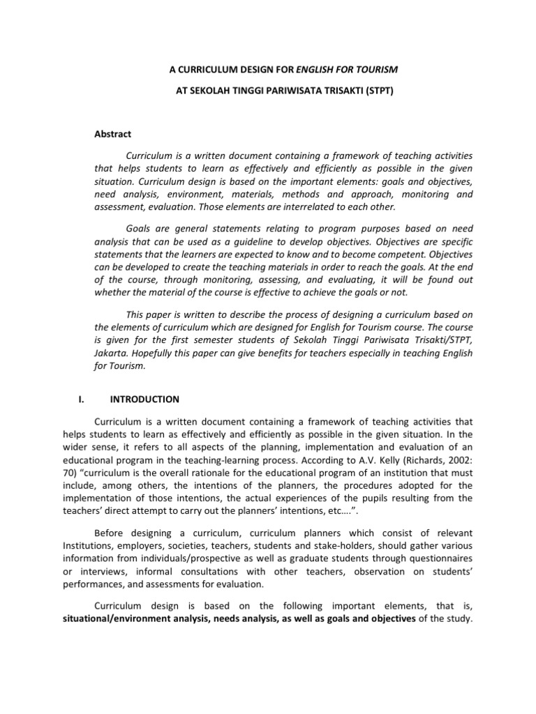 A Curriculum Design For English For Tourism-Poppy | PDF | Curriculum ...