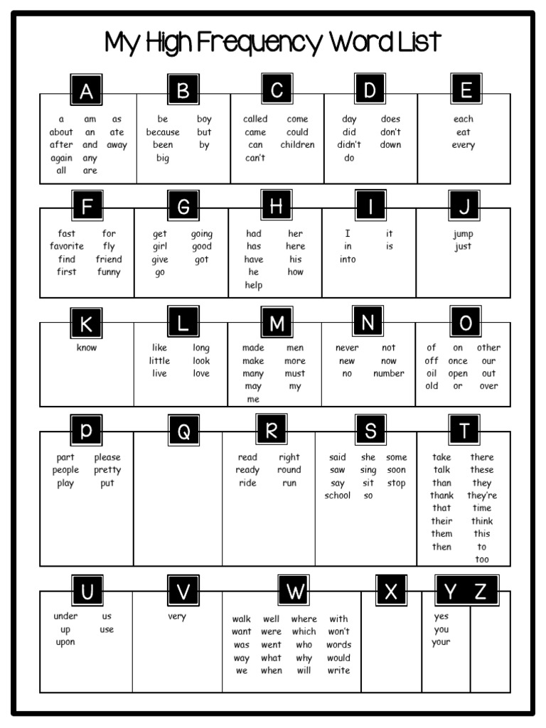 My High Frequency Word List: A B C D E | PDF
