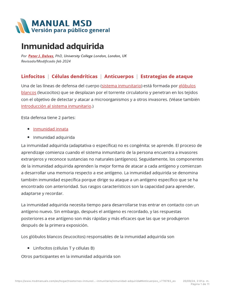 Inmunidad Adquirida - Trastornos Inmunológicos - Manual MSD Versión para Público | PDF