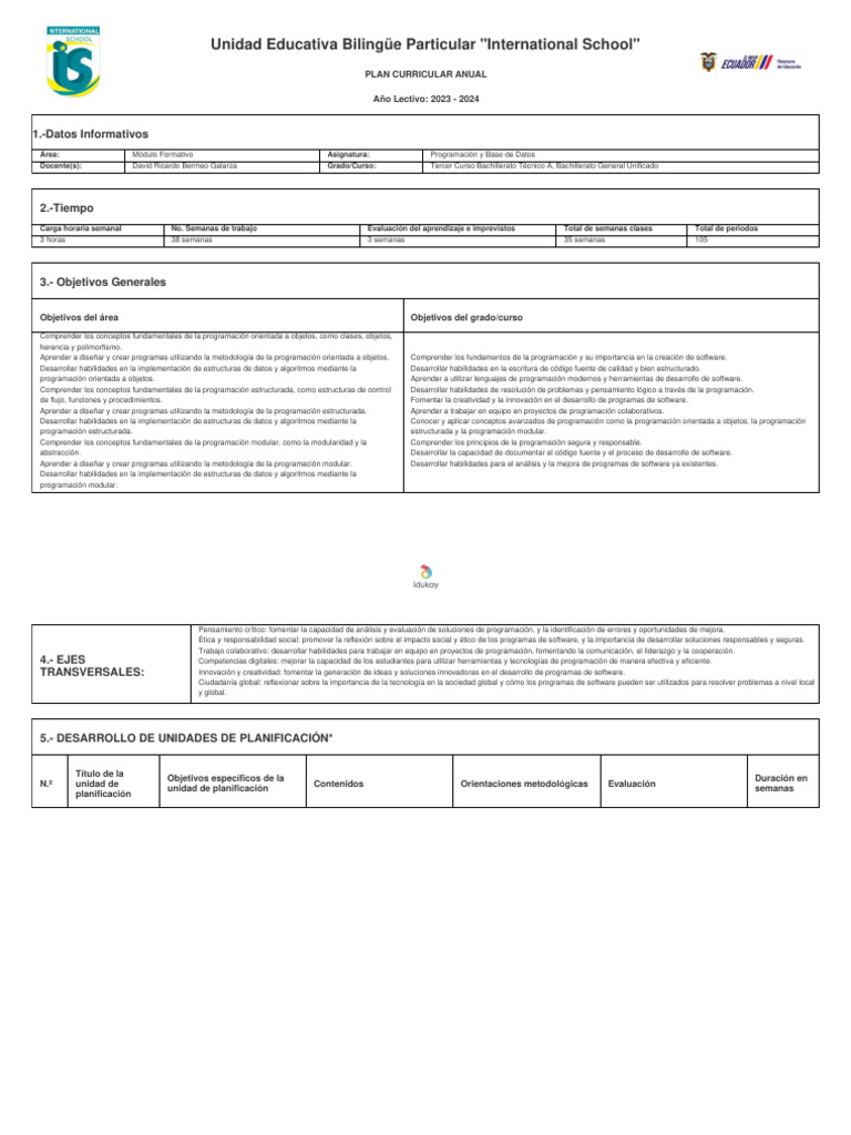 Programacion 3ero Reporte - de - Planificacion - Programacion-y-Base-de-Datos - 2023 - 2024 | PDF