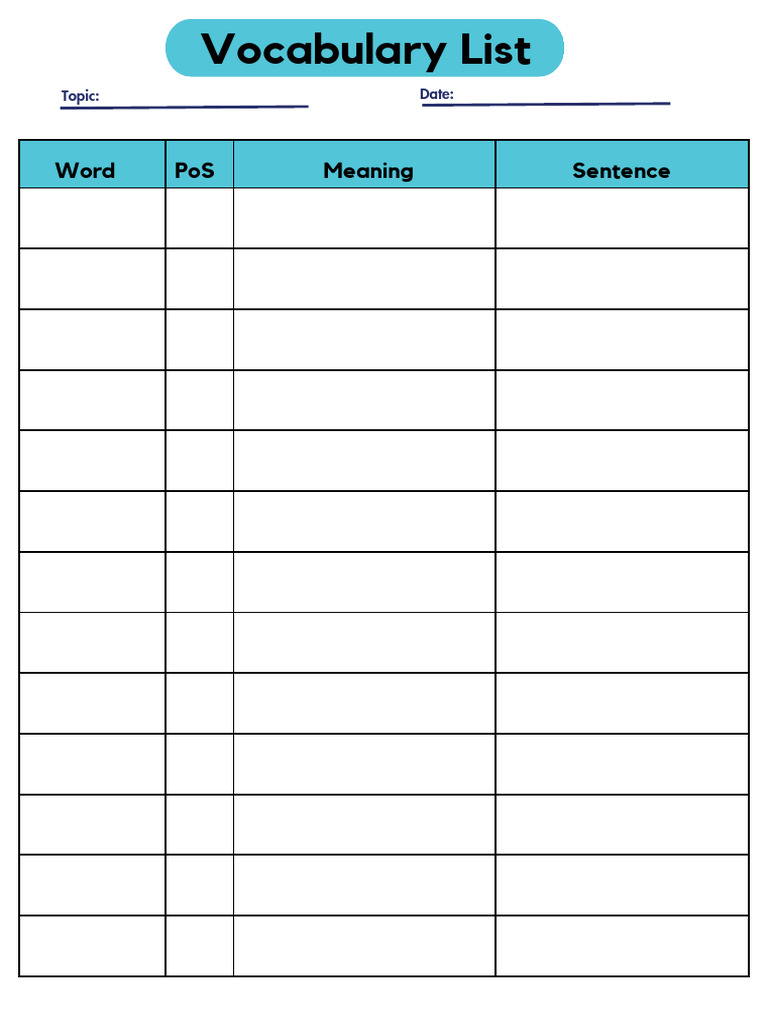 Language Arts Vocabulary List Worksheet in White and Blue Table Style | PDF