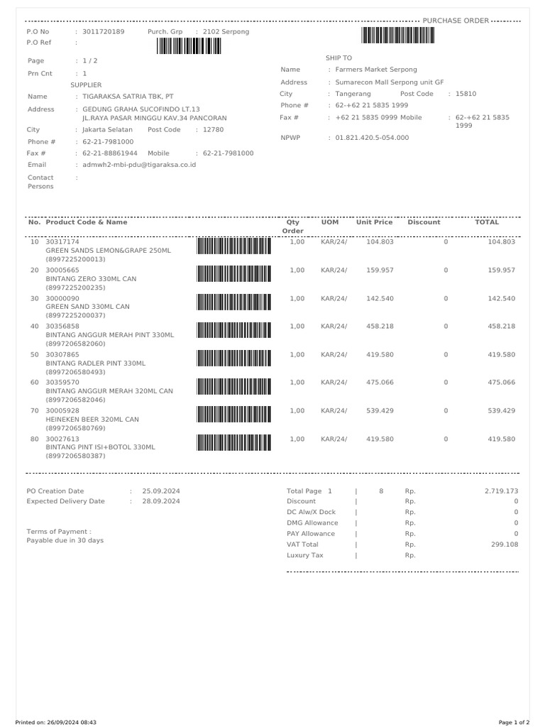 No. Product Code & Name Qty Order UOM Unit Price Discount Total | PDF