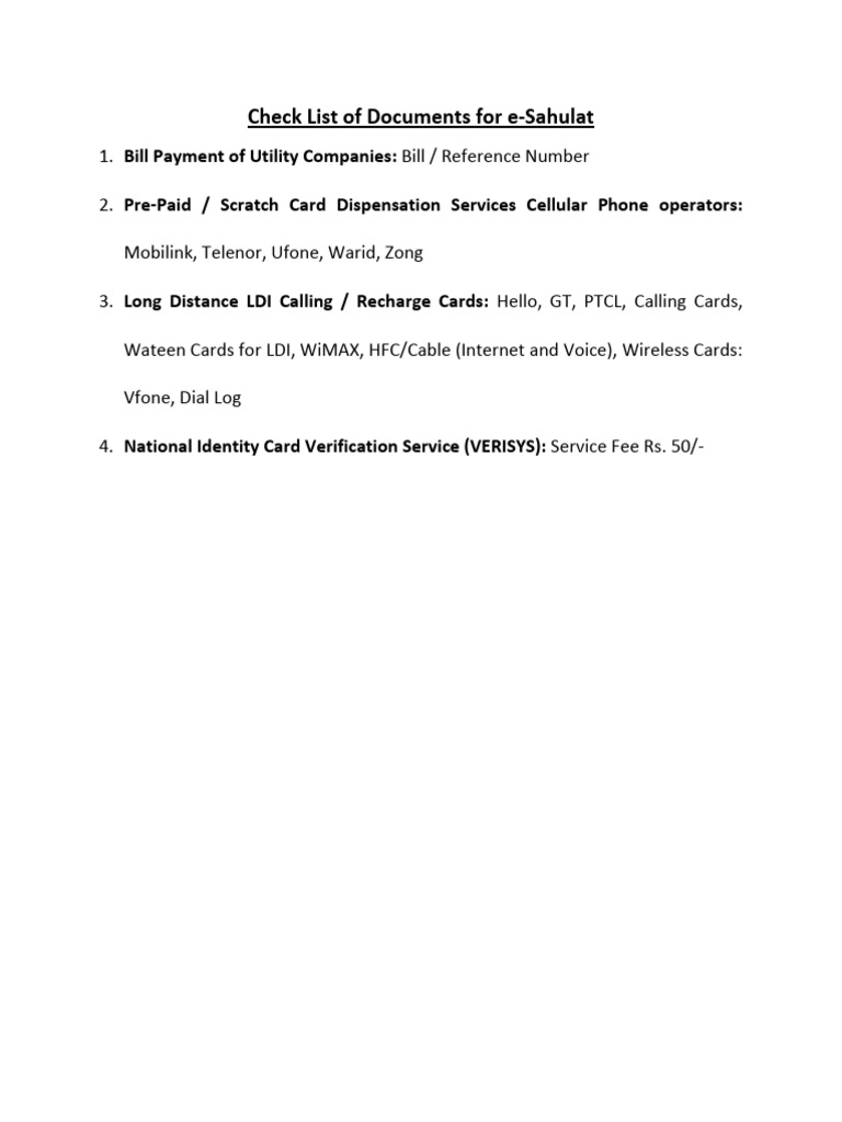 E-sahulat Documents Check List | PDF
