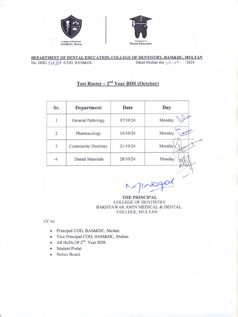 528-24 Test Roster 2nd Year BDS October | PDF