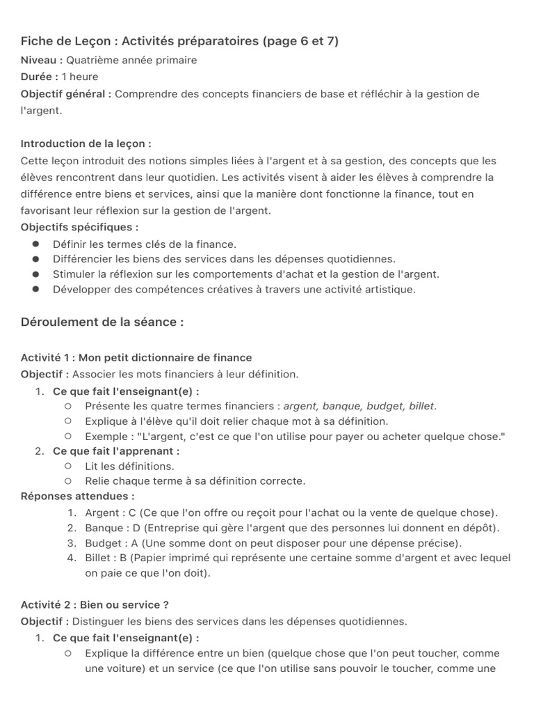 Fiche de Leçon Activités Préparatoires (Page 6 Et 7) | PDF