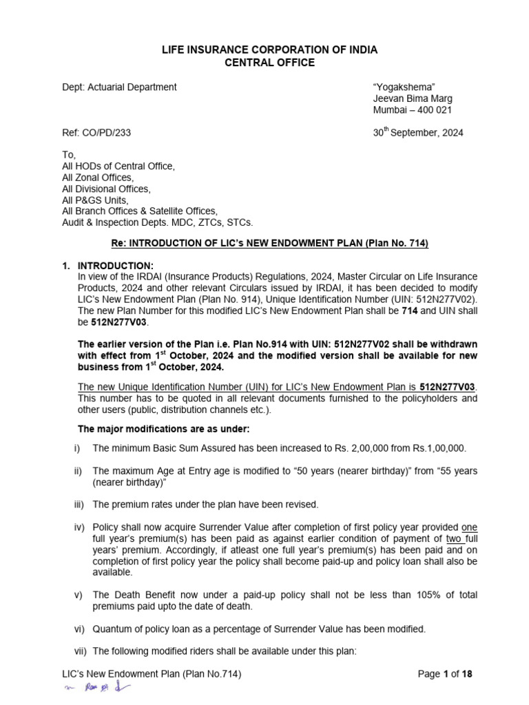 LIC's NEW ENDOWMENT PLAN (Plan No. 714) | PDF
