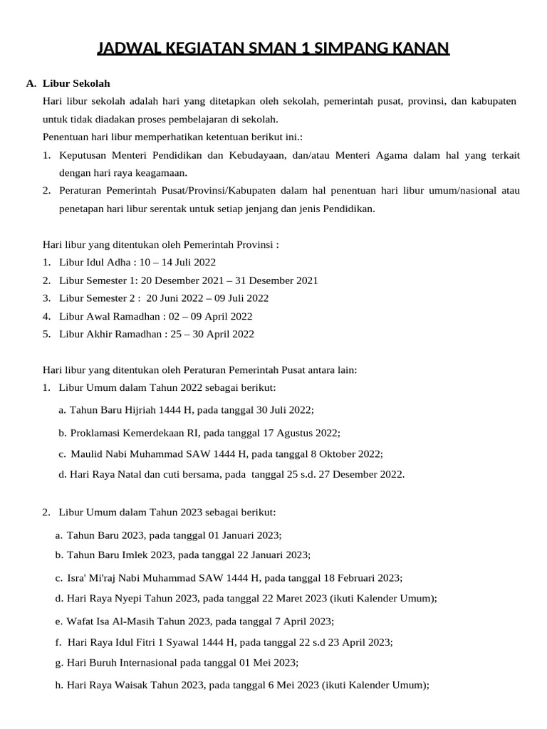 JADWAL KEGIATAN SMAN 1 SIMPANG KANAN | PDF