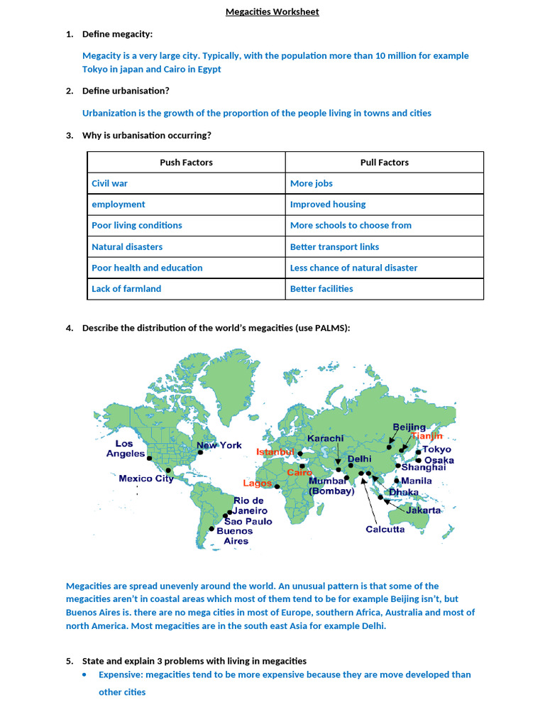Megacities Urbanisation Worksheet 1 | PDF