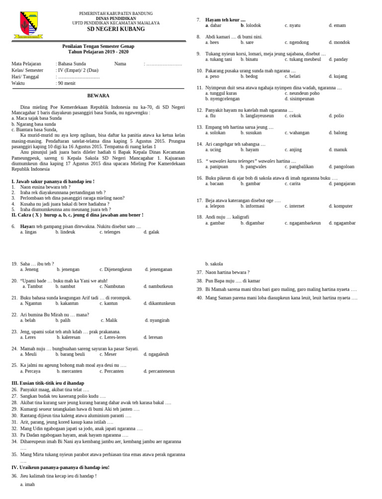 SOAL Uts 2 SUNDA Kls 4 | PDF