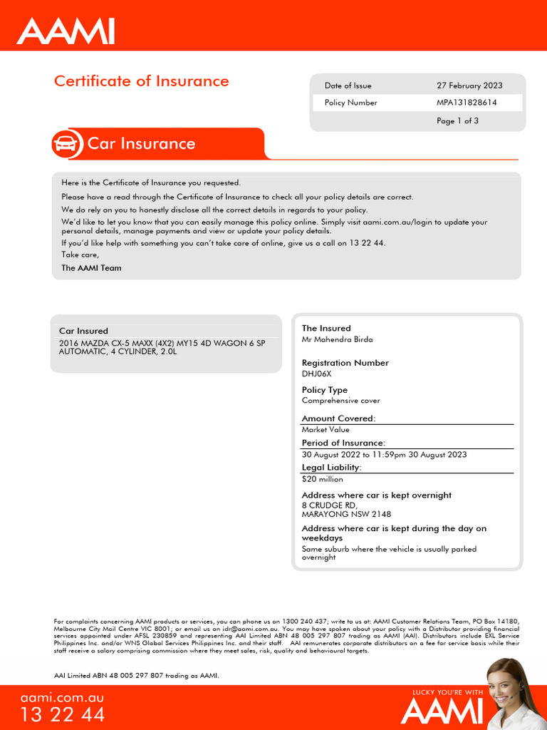 AAMI Car Certificate of Insurance MPA131828614 | PDF