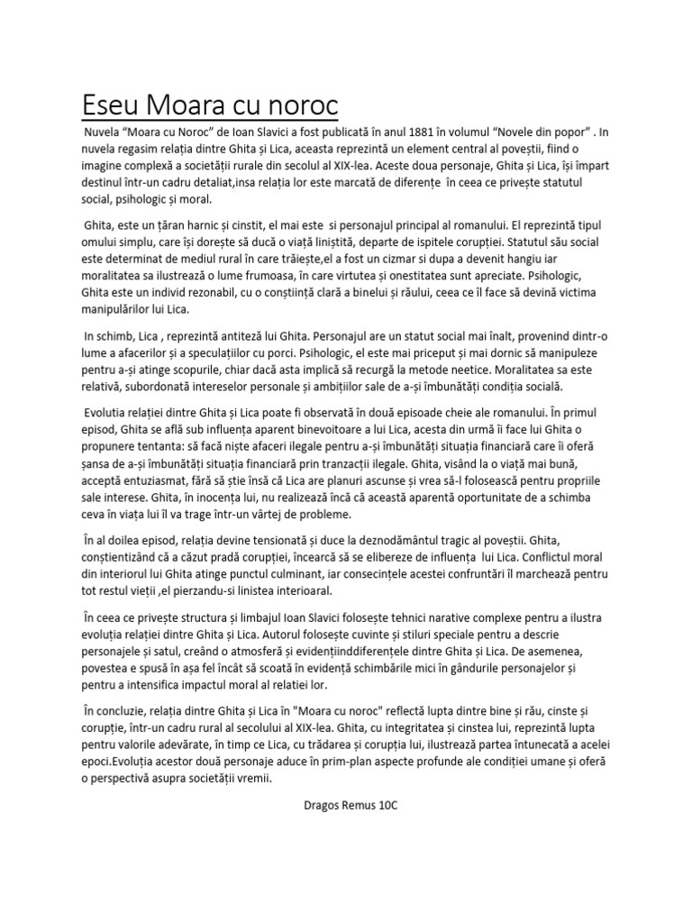 Eseu Moara Cu Noroc 1 | PDF