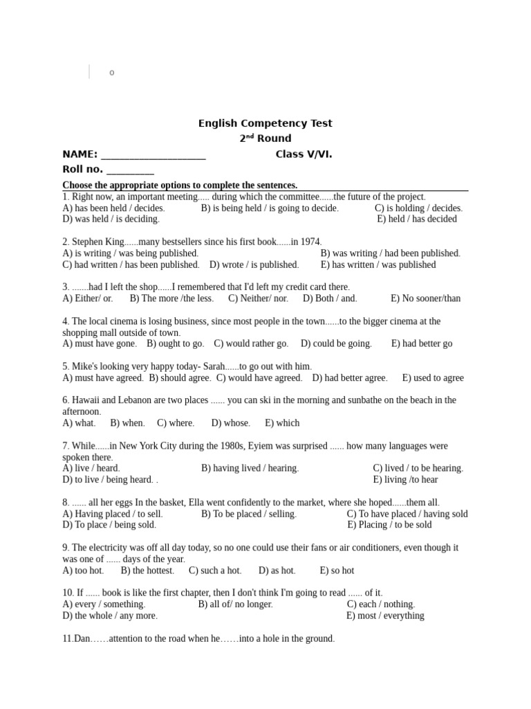 English Competency Test V-VI | PDF