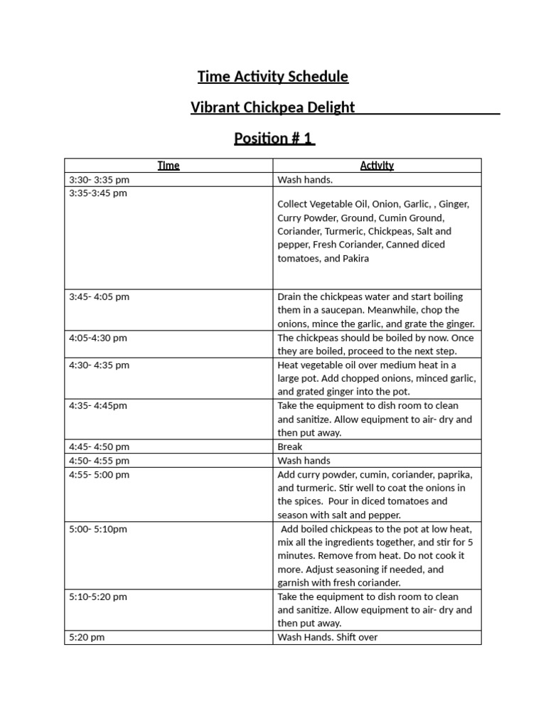 Time Activity Schedule - Vibrant Chickpea and Lemonade Drink | PDF
