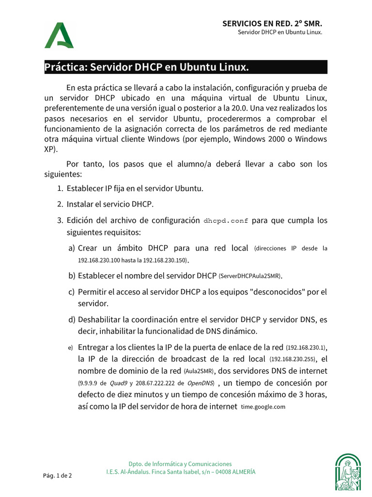 Práctica - Servidor DHCP en Ubuntu Linux - SERRE-1 | PDF