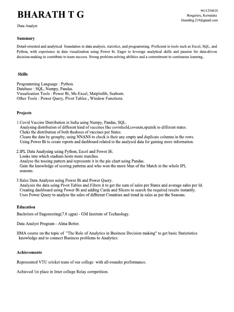 Bharath T G Resume | PDF