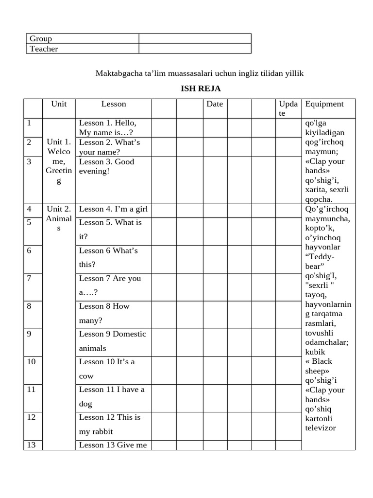 MTM Ingliz Tili Ish Reja | PDF