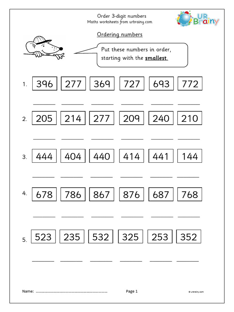 Ordering Numbers Put These Numbers in Order, Starting With The Smallest ...